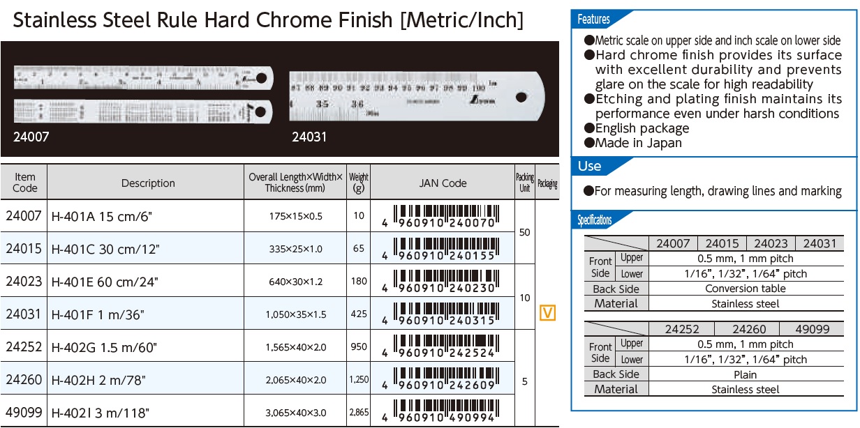 Ichiban Precision Sdn Bhd - Shinwa - Shinwa Stainless Steel Rule Hard Chrome Finish [Metric]